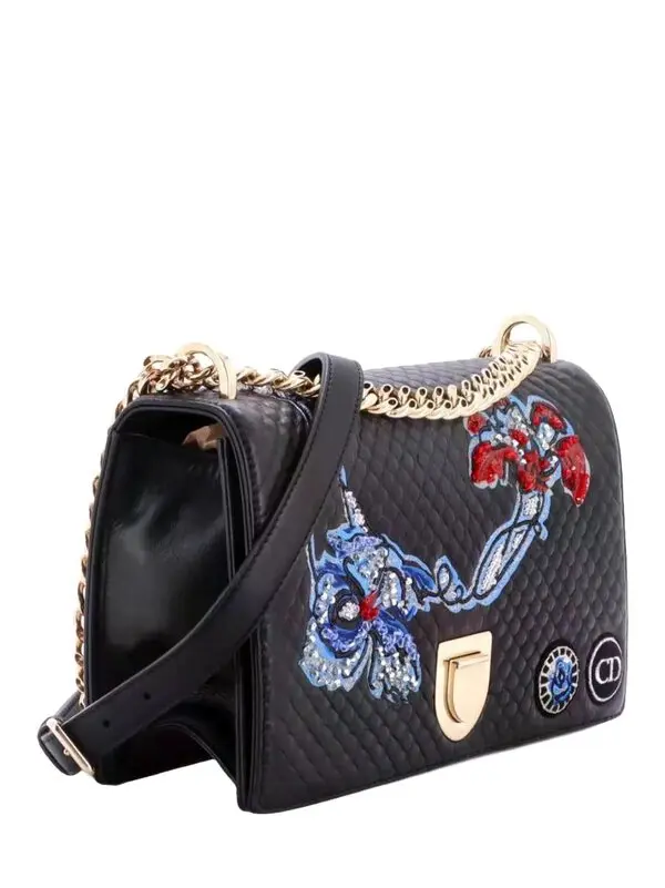 Dior Diorama Flap Bag Patch Embellished Leather Medium Shoulder Bag - Black