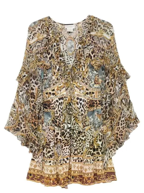 Camilla Ruffled Silk Leopard Print Mini Dress - Brown