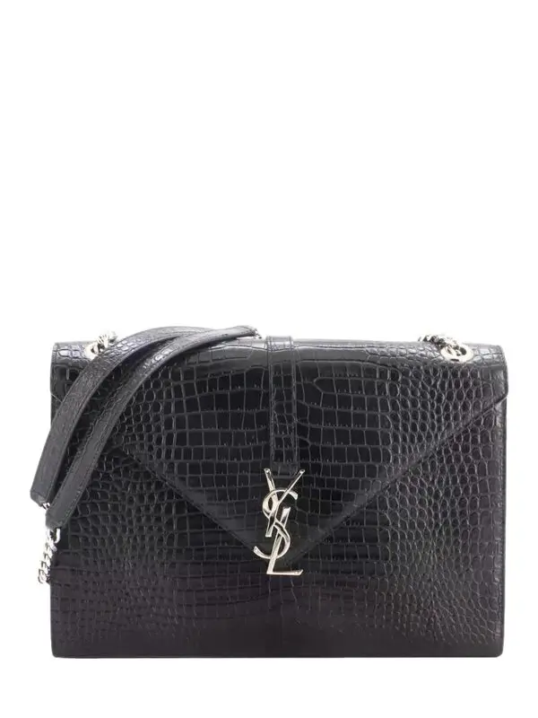 Saint Laurent Monogram Envelope Satchel Crocodile Embossed Leather Crossbody Bag - Black
