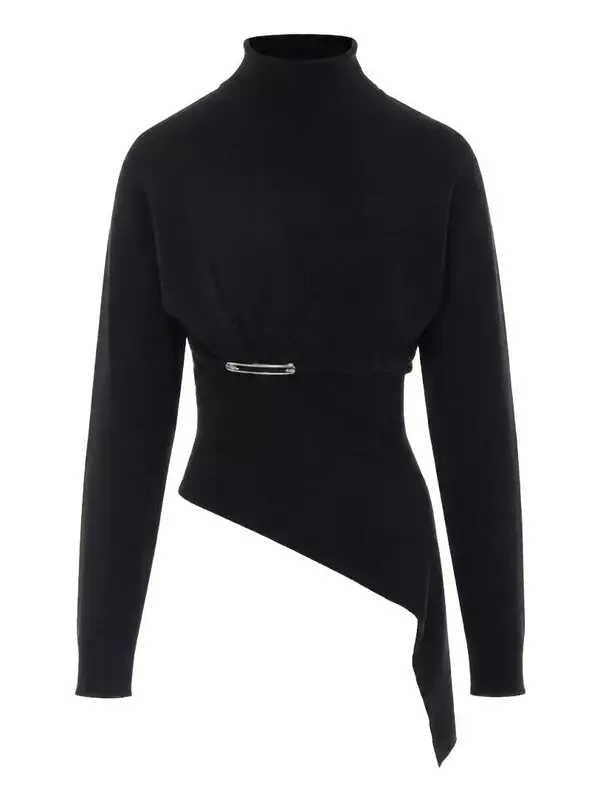 LANVIN Wool And Cashmere Asymmetrical Turtleneck Sweater With Brooch - Black