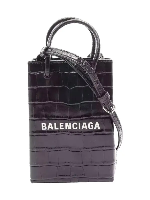 Balenciaga Croc Embossed Leather Shopping Phone Holder Satchel - Black