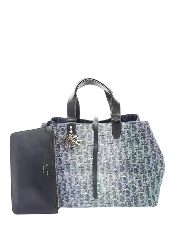 Dior Large Oblique Denim Tote Bag With Pouch - Blue