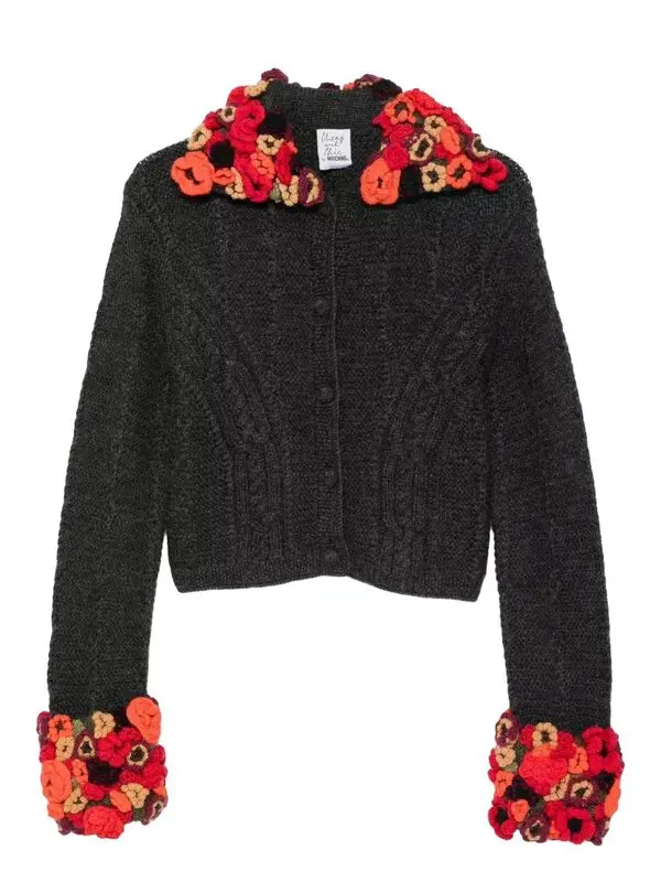 Moschino 2000s Floral Appliqué Cable-knit Sweater - Grey