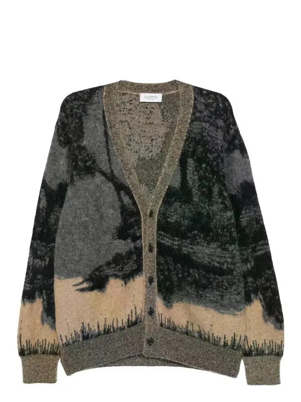 LANEUS Intarsia Knit Button-up Cardigan - Grey