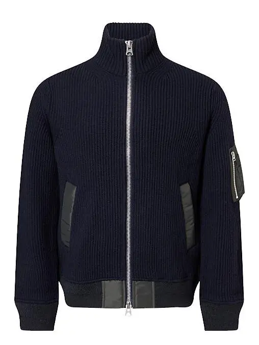 Sacai Stand-collar Zip-up Wool Jumper - Navy/dkhaki