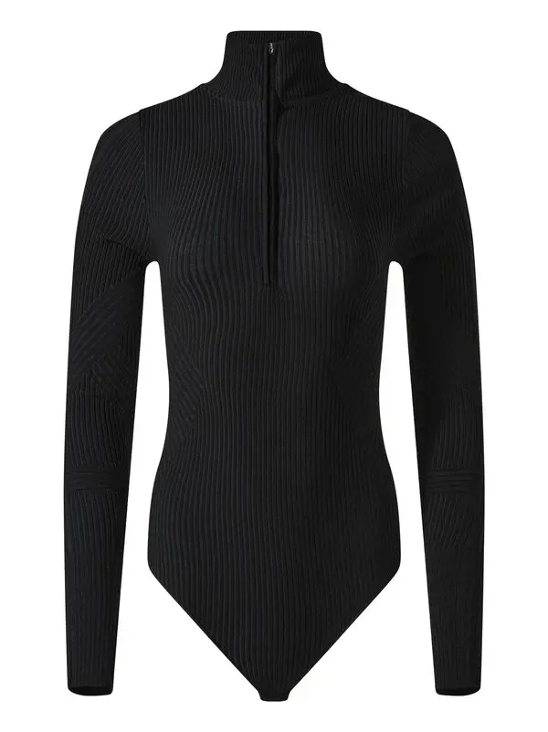 Perfect Moment Ribbed Wool Blend Zip Neck Bodysuit - Black
