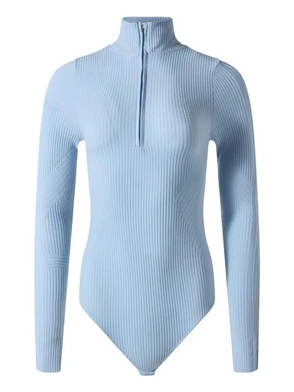 Perfect Moment Ribbed Wool Blend Zip Neck Bodysuit - Cloud-blue