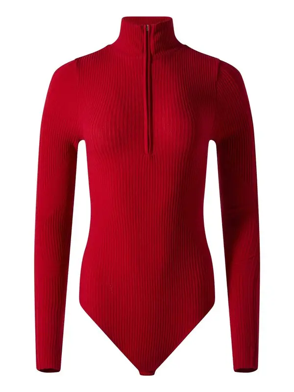 Perfect Moment Ribbed Wool Blend Zip Neck Bodysuit - Red