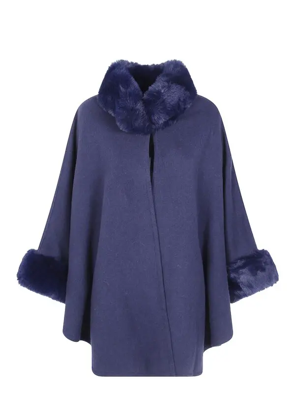 TWINSET Faux Fur Trimmed High Collar Cape Coat - Blue