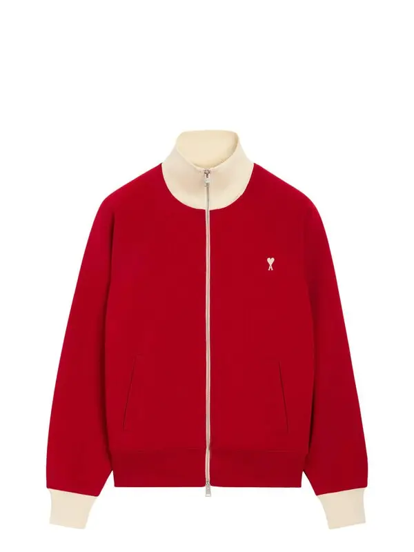 AMI Paris Red Zipped Cotton Sweatshirt With De Coeur Logo - Ruby Red/ivory White