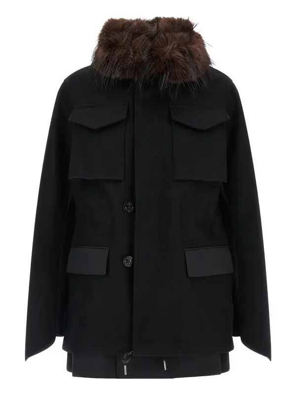 Sacai Long-sleeved Coat With Fur Collar - Black