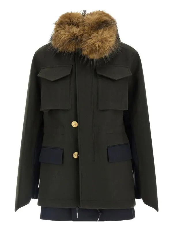 Sacai Long Sleeve Hybrid Coat With Faux Fur Collar - Green