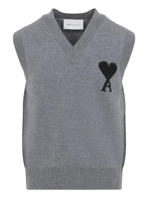 AMI Paris Sleeveless Knit Vest With Heart Motif - Gray