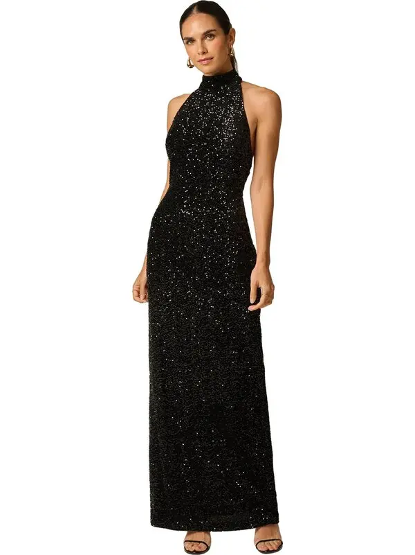 Adrianna Papell Sequin Velvet Halter Gown - Black