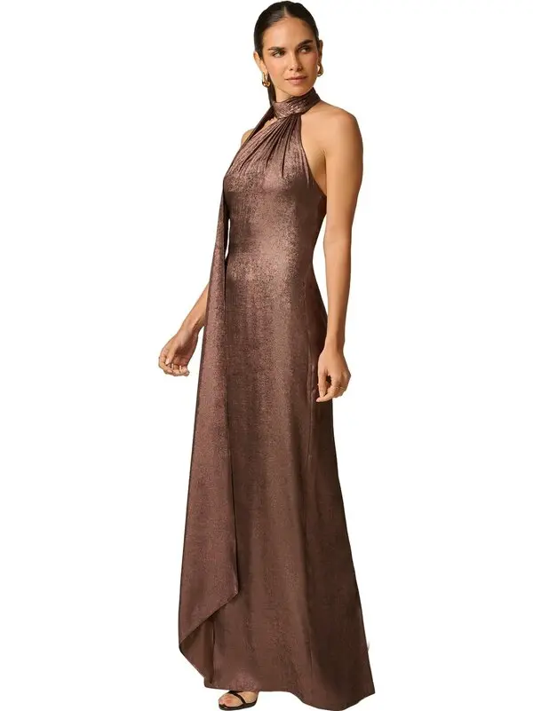 Adrianna Papell Foiled Chiffon Asymmetrical Halter Scarf Gown - Espresso
