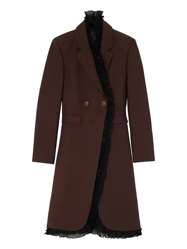 GANNI Long Wool Blazer With Frill Trim - Brown