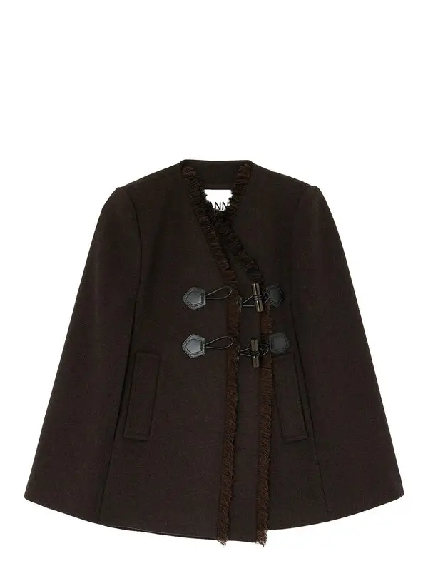 GANNI Wool Cape With Fringed Trim - Brown