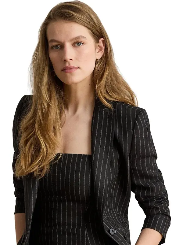 Ralph Lauren Chalk Stripe Linen Canvas Single-breasted Blazer - Black/tan