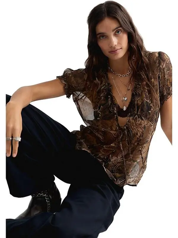 SPELL Damask Short Sleeve Blouse - Walnut