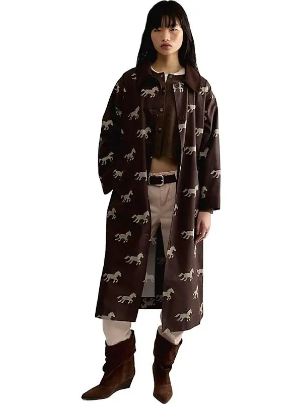 THE TINY BIG SISTER Horses Print Trench Coat - Brown