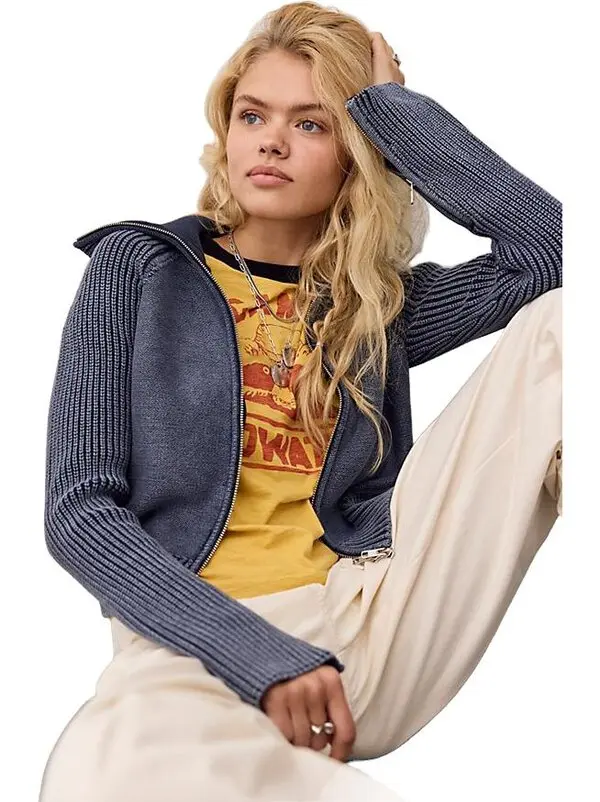 Free People Josephine Funnel-neck Cardigan - Navy