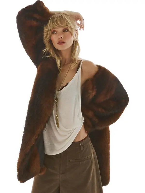 Free People Byron Mid-length Faux Fur Coat - Brown