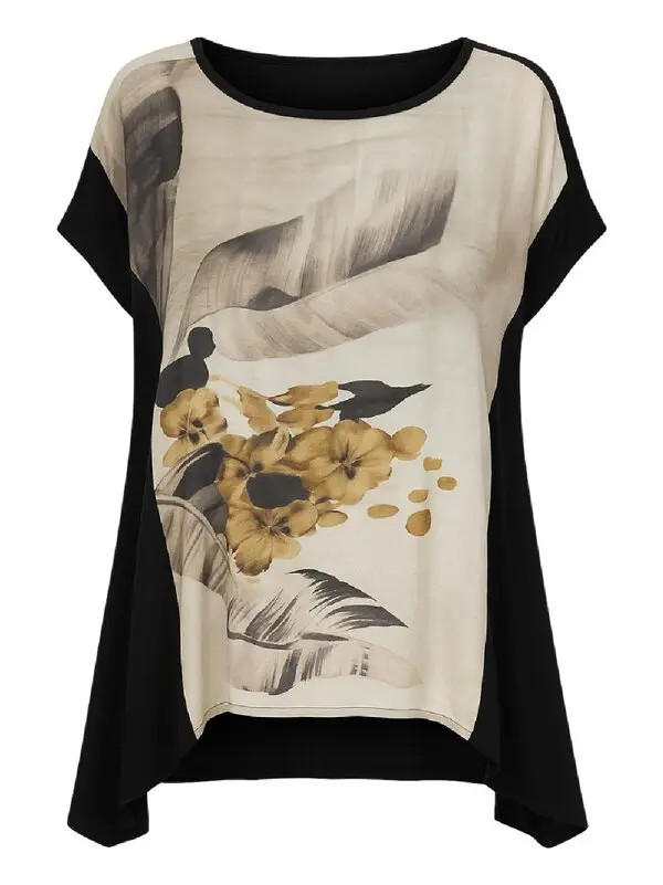 CONQUISTA Floral Brushstroke Silk-feel Top - Black