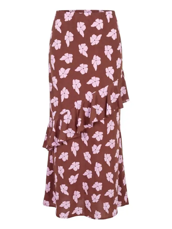 PALM COLLECTIVE Magnolia Skirt Floral Print Midi Skirt - Brown