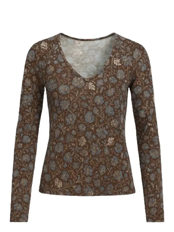 CONQUISTA Floral Print Long-sleeve V-neck Top - Blue/brown