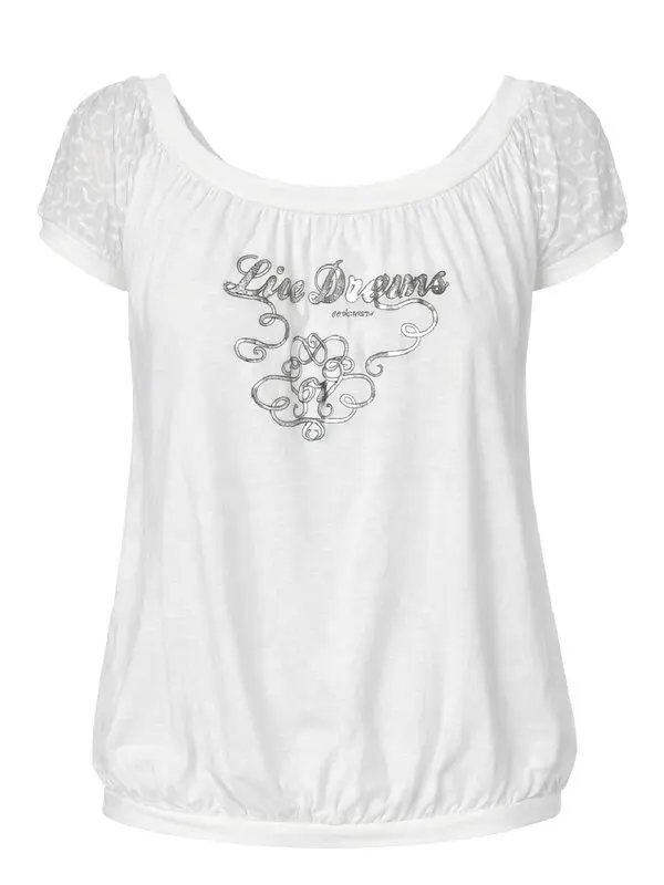CONQUISTA Embroidered Scoop Neck Short Sleeve Top - White