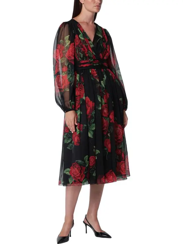 Dolce & Gabbana Silk Chiffon Rose Print Midi Dress - Black