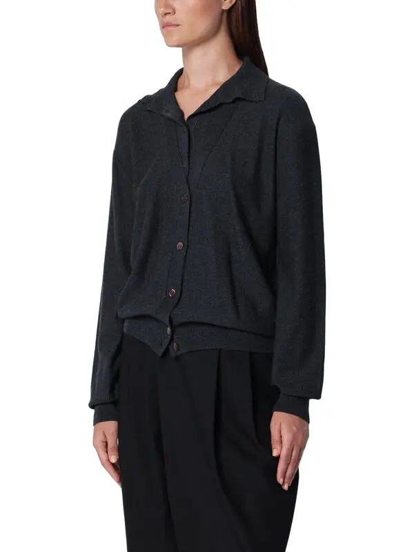Source Unknown Merino Wool Cardigan With Open Polo Collar - Grey