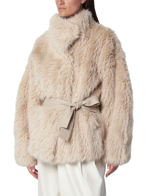 Source Unknown Ilaria Faux Fur Jacket With Belt - Beige