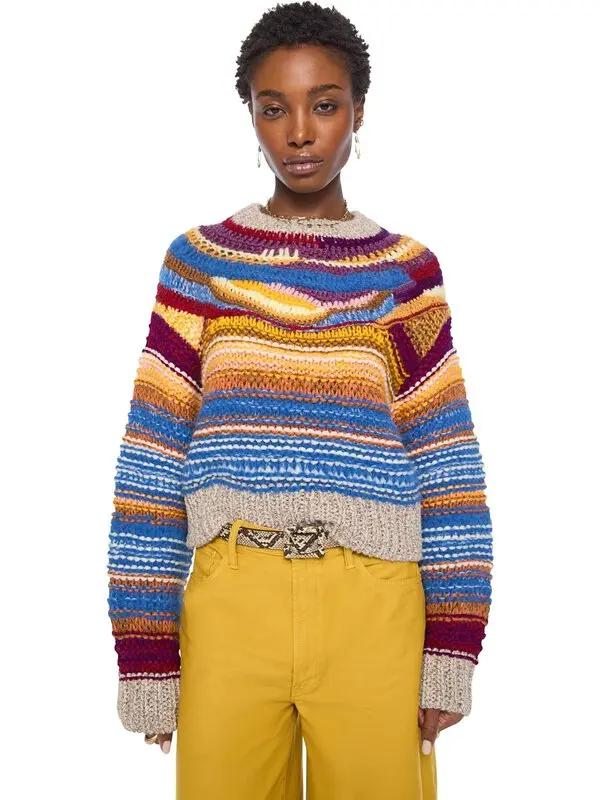 MOTHER The Boxy Jumper Multi Color Striped Crewneck Sweater - Grey