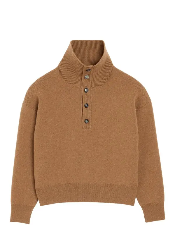 AMI Paris High Buttoned Collar Wool Sweater - Camel