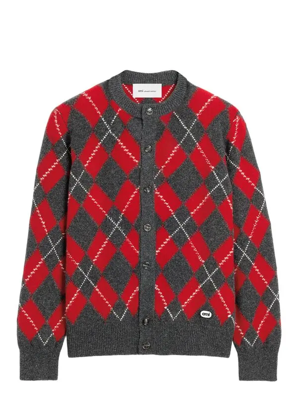 AMI Paris Grey Wool Cardigan With Red Argyle - Carbon Gray/ruby Red