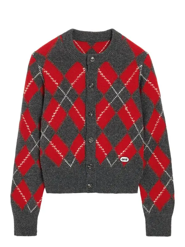 AMI Paris Grey Wool Argyle Cardigan - Carbon Gray/ruby Red