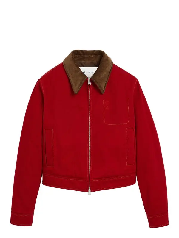 AMI Paris Red Cotton Zipped Jacket With De Coeur Logo - Ruby Red