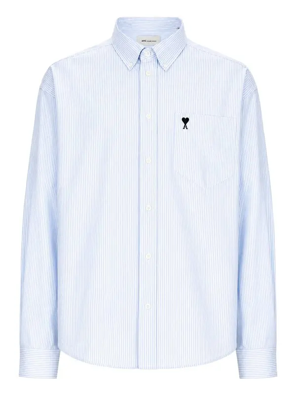 AMI Paris Striped Button-down Shirt With Embroidered Logo - Azure