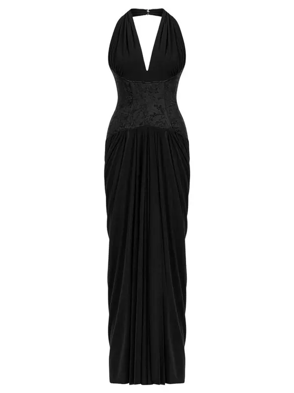 NOCTURNE Jacquard Halter Neck Maxi Dress With Front Slit - Black