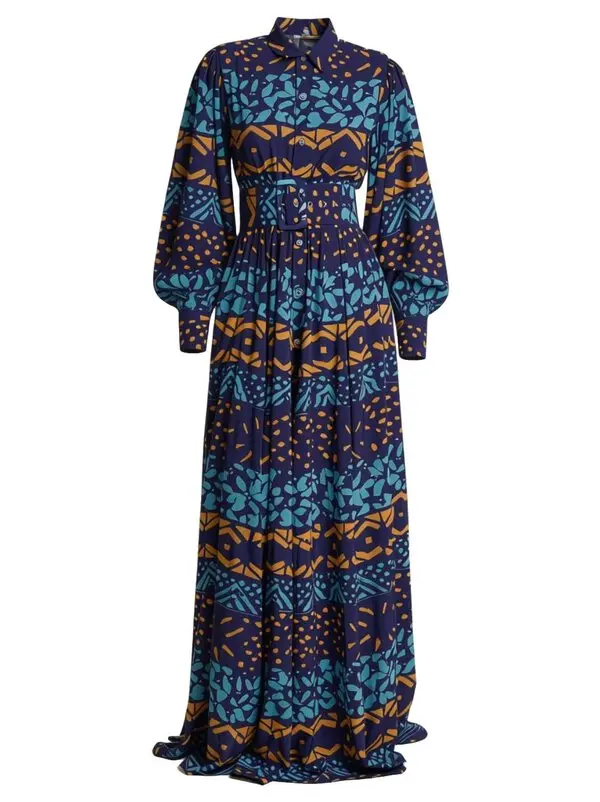 OFUURE Anu Maxi Shirt Dress With Bishop Sleeves And Geometric Print - Blue