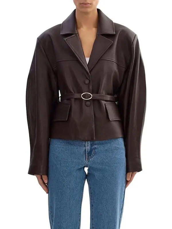 LAMARQUE Leather Belted Jacket - Mahogany