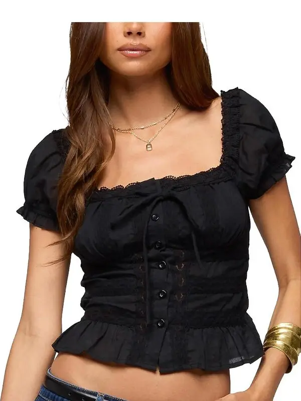 EDIKTED Lace Trimmed Ruched Button Front Top - Black