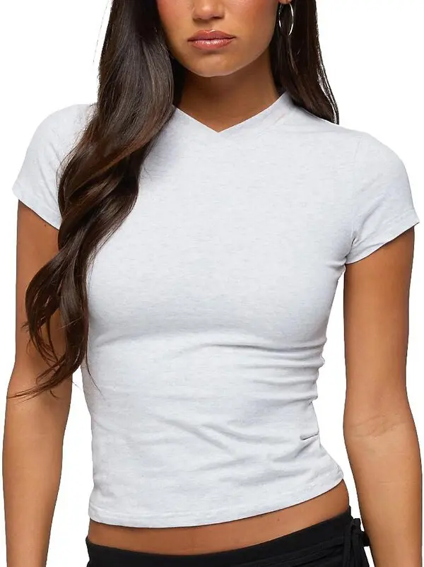 EDIKTED Aire High V Neck T-shirt - Gray-melange