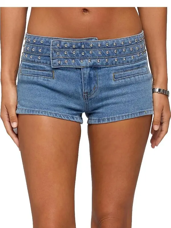 EDIKTED Odetta Studded Low Rise Denim Shorts - Light-blue