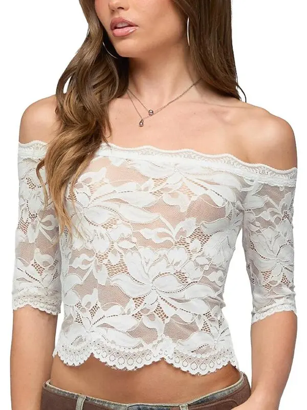 EDIKTED Dyna Off Shoulder Sheer Lace Top - Cream