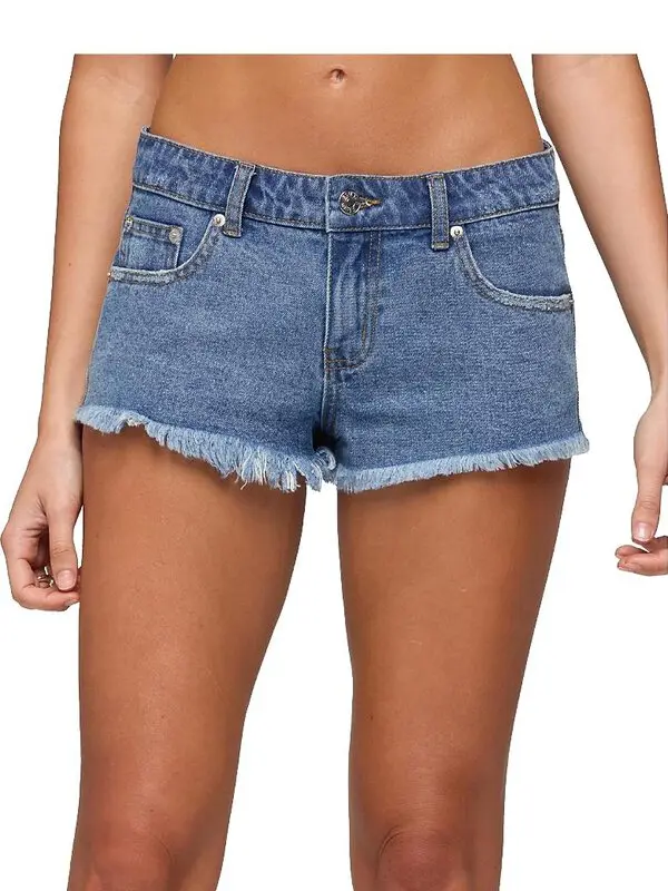 EDIKTED Crochet Pockets Low Rise Denim Micro Shorts - Blue-washed