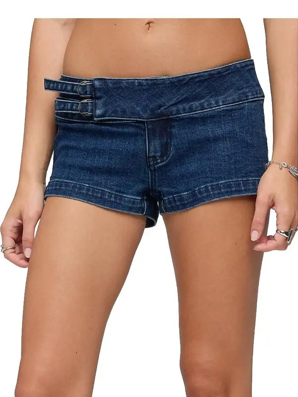 EDIKTED Double Belted Low Rise Denim Shorts - Blue