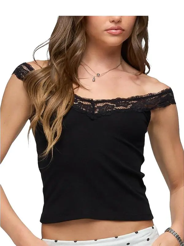 EDIKTED Freyah Off Shoulder Lace Trim Top - Black