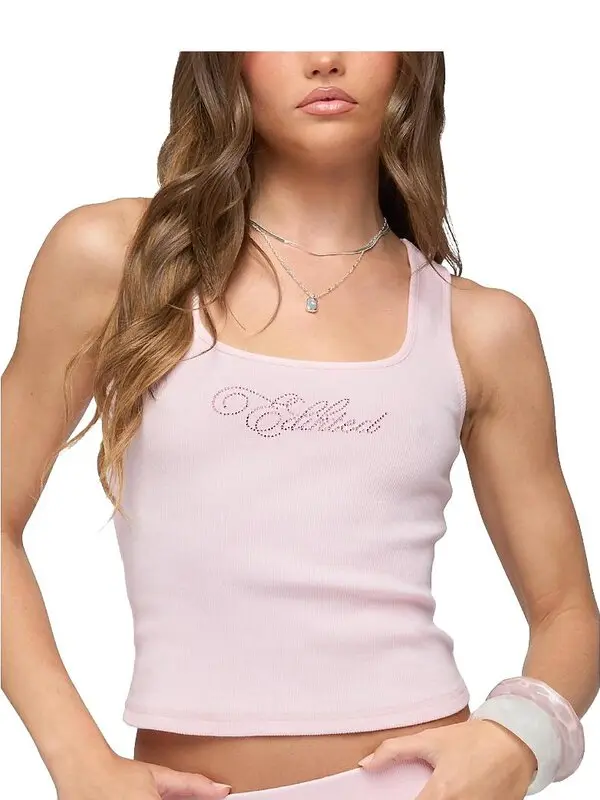 EDIKTED Studio Rhinestone Ribbed Tank Top - Light-pink
